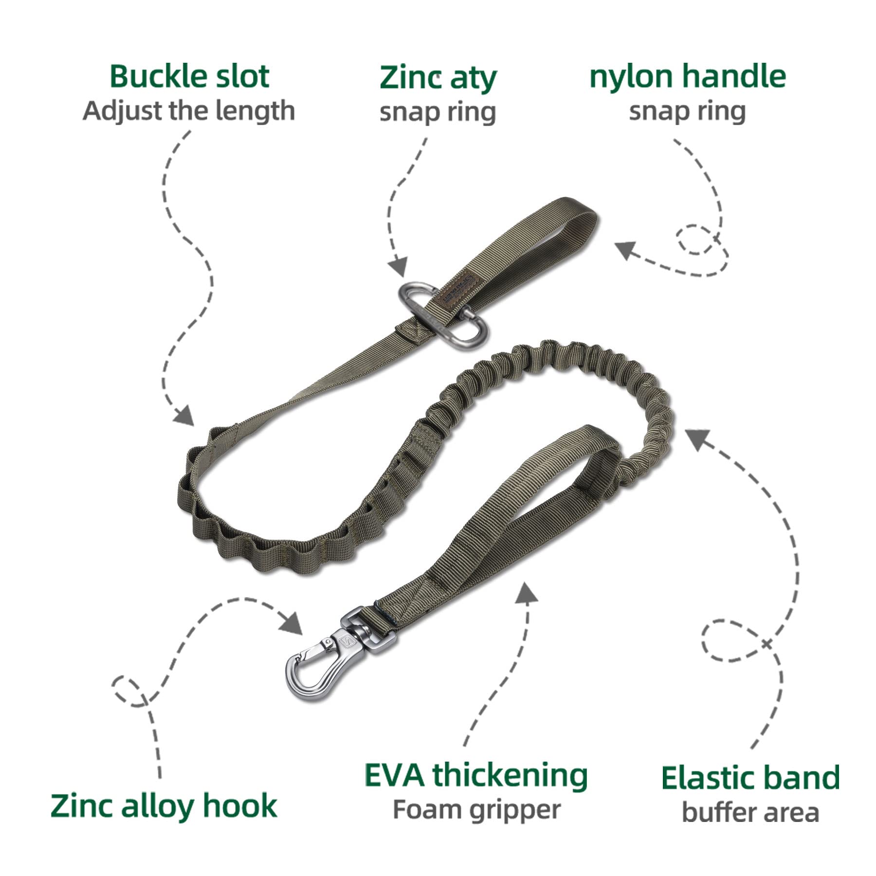 Excellent Elite Spanker Tactical Bungee Dog Leash Military Adjustable Dog Leash Quick Release Elastic Leads Rope with 2 Control Handle(Ranger Green)