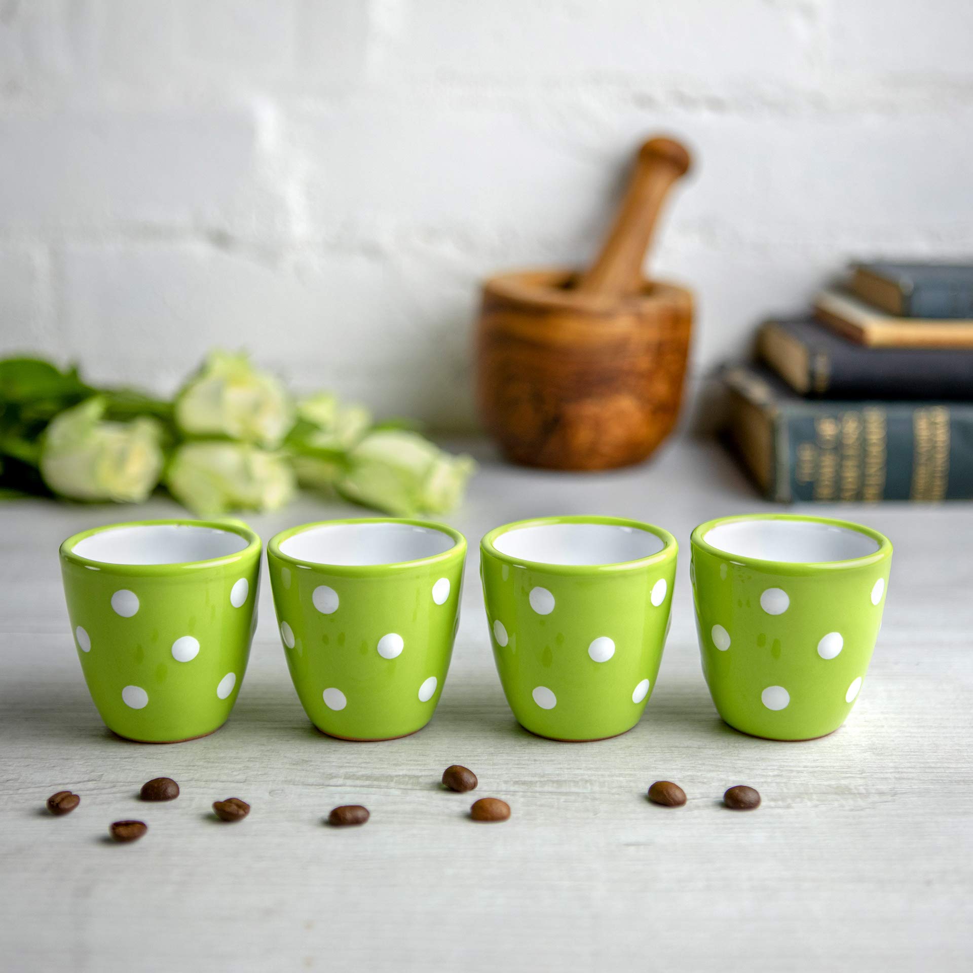 City to Cottage Handmade Lime Green and White Polka Dot Ceramic 2oz/60ml | Espresso Cup Set of 4, Unique Designer Pottery for Coffee Lovers