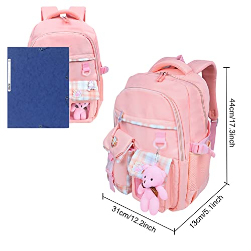 KingBig Girls School Backpack with Cute Pin Accessories Plush Pendant Kawaii School Backpack Cute Aesthetic Backpack for Teens Girls Women Students (Pink)