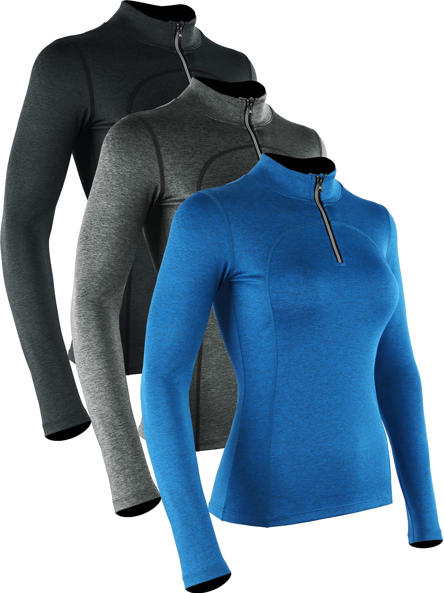 CADMUS Compression Long Sleeve Shirts for Women Workout Hiking Shirts, 3 Pack, Black & Grey & Blue, 2XL