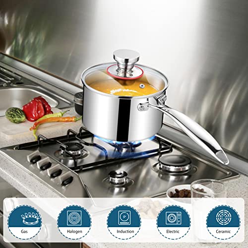 Homikit 2 Quart Saucepan with Lid, Tri-Ply Stainless Steel Sauce Pan, Kitchen Induction Cooking Pot with Ergonomic Handle, Small Pan for Making Sauce, Warming Milk, Boiling Eggs, Dishwasher Safe