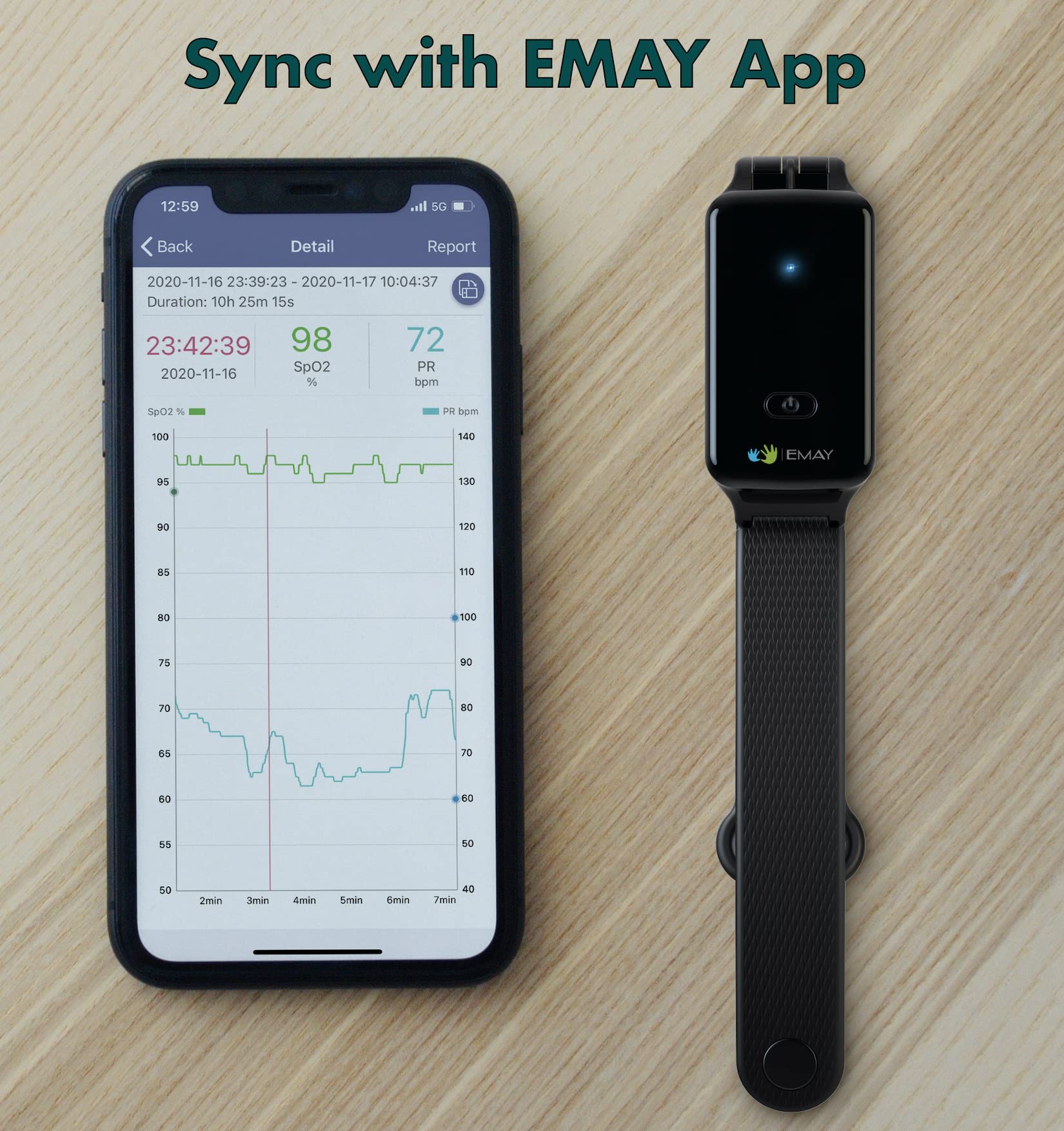EMAY SleepO2 Wrist Oxygen Monitor with Silicone Probe | Wrist Pulse Oximeter for Overnight & Continuous SpO2 Tracking | Gives Summary Report & Raw Data