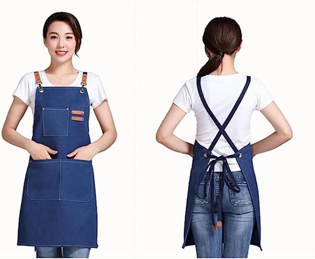 Cotton Canvas Apron Cross Back Apron with Pockets for Women and Men,Kitchen Cooking Baking Bib Apron Chef Apron (Blue)