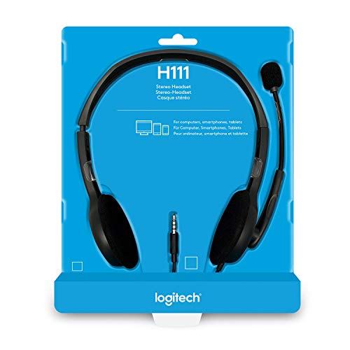 Logitech H111 Wired Headset, Stereo Headphones with Noise-Cancelling Microphone, 3.5 mm Audio Jack, PC/Mac/Laptop/Smartphone/Tablet - Black