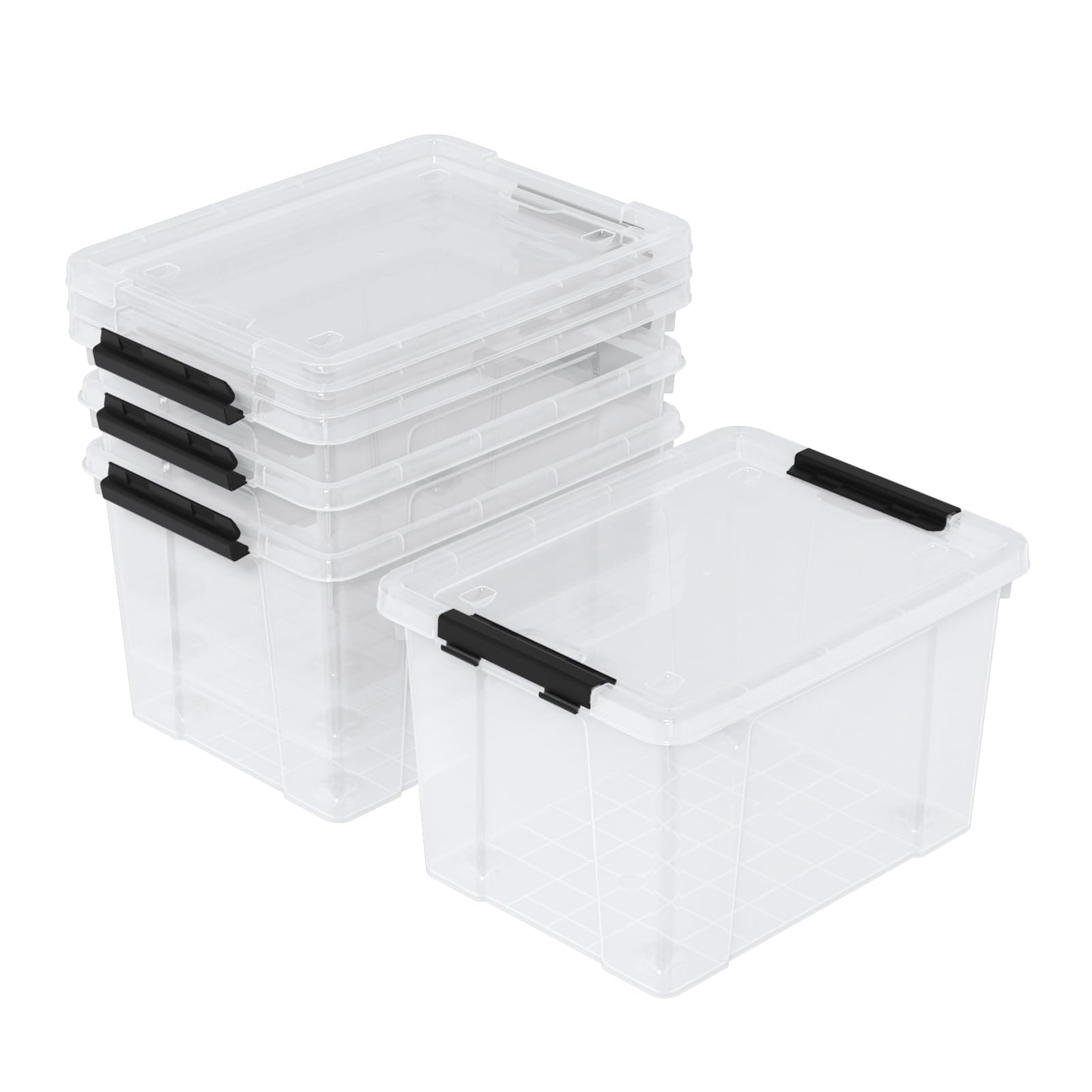 DynkoNA 22 Quart Plastic Latching Box with Wheels, 4 Pack Clear Lidded Storage Boxes
