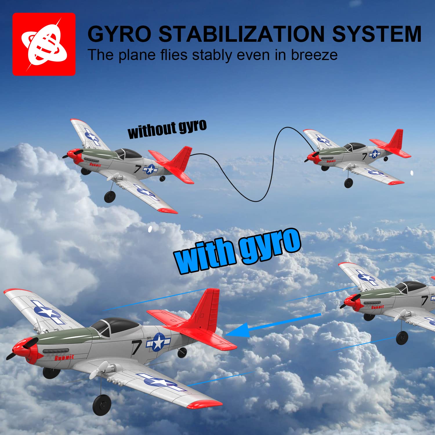 VOLANTEXRC RC Plane Ready to Fly for Beginners, 2.4Ghz 2CH RC Airplane P51 Mustang Toy Gift for Kids & Adults, with Gyro Stabilization System&2 Batteries (762-3)