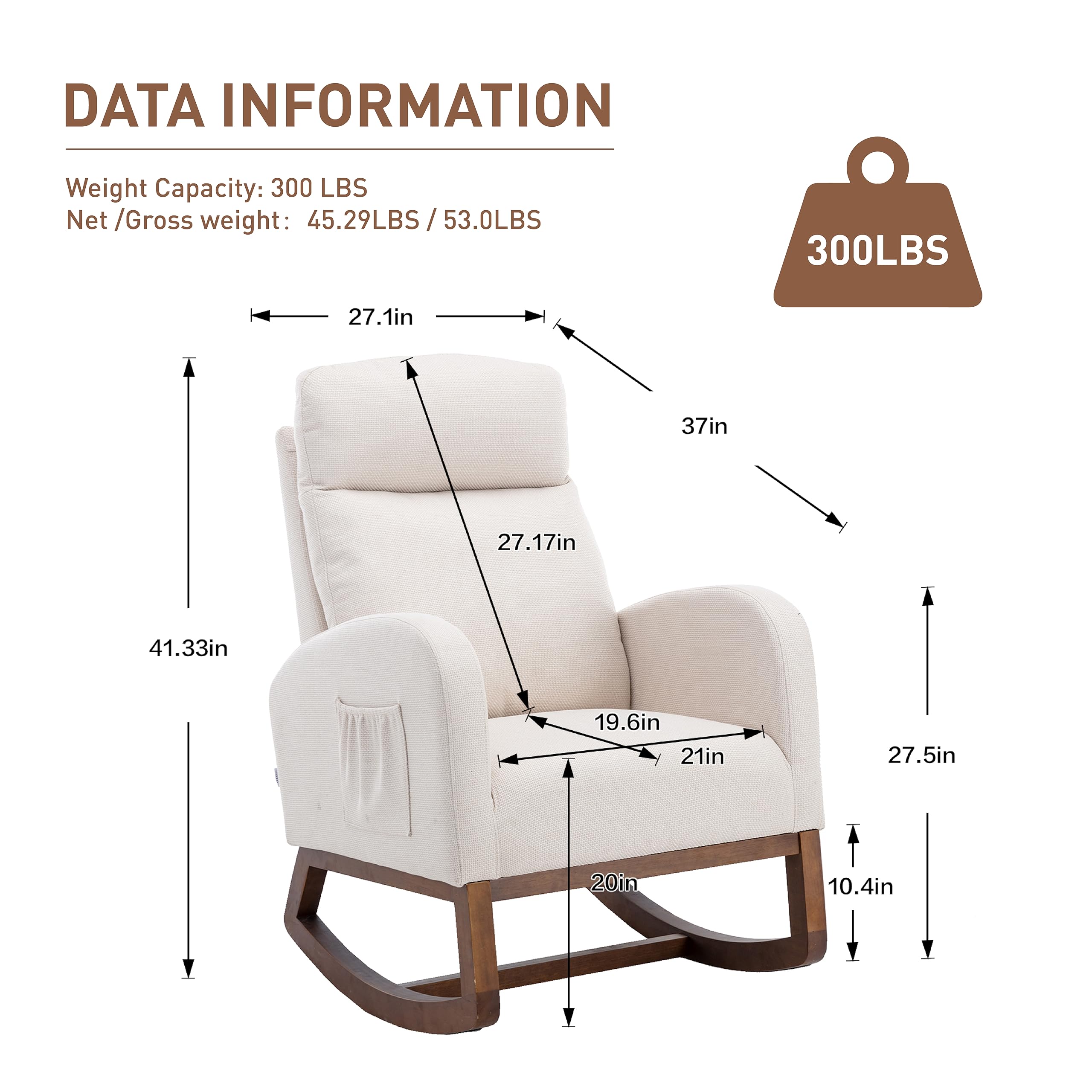 BIGTREE Modern Rocking Chair, Nursery Glider Rocker with Upholstered 2 Side Pocket Comfortable Armchair and High Backrest Accent Indoor for Living Room Lounge