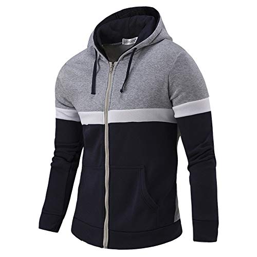 Mens Zipper Hooded Sweatshirts, Thenlian Men‘s Long Sleeve Autumn Winter Patchwork Zipper Pocket Hoodies Top Blouse(Navy, XXL)