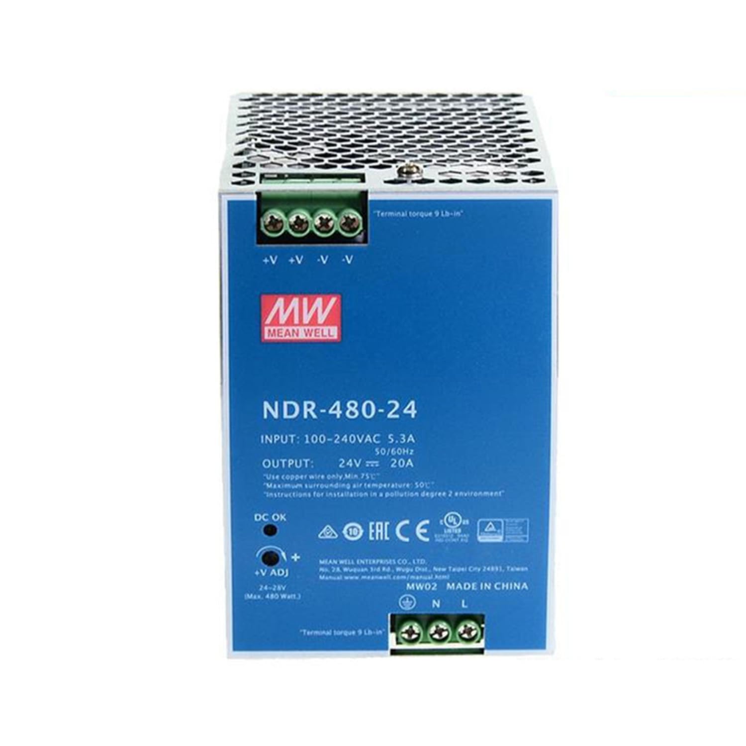DynMach NDR-480-48 Industrial DIN Rail Power Supply 480W, 48V, 10A, High-Efficiency 93%,90-264VAC Universal Input, Reliable & Durable for Advanced Manufacturing, Automation & Scientific Research