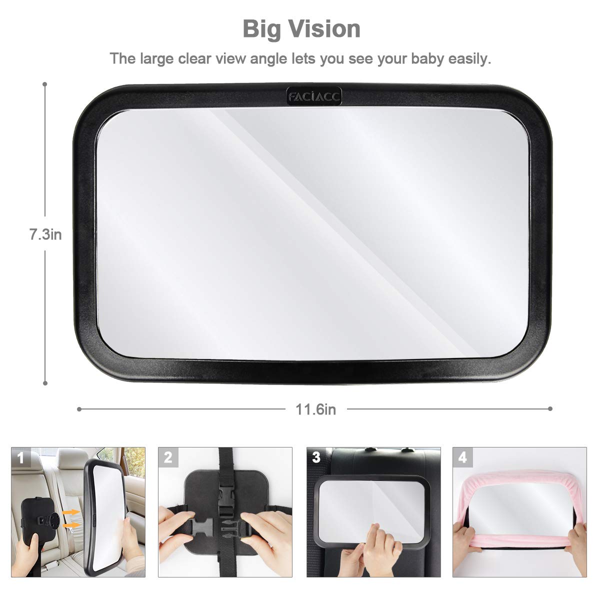 FACIACC Baby Car Mirrors for Back Seat, 360° Rotation Rear View Car Seat Mirror Safety Shatterproof Infant Rear Facing Mirror, Easy Assembled (Black+Pink)