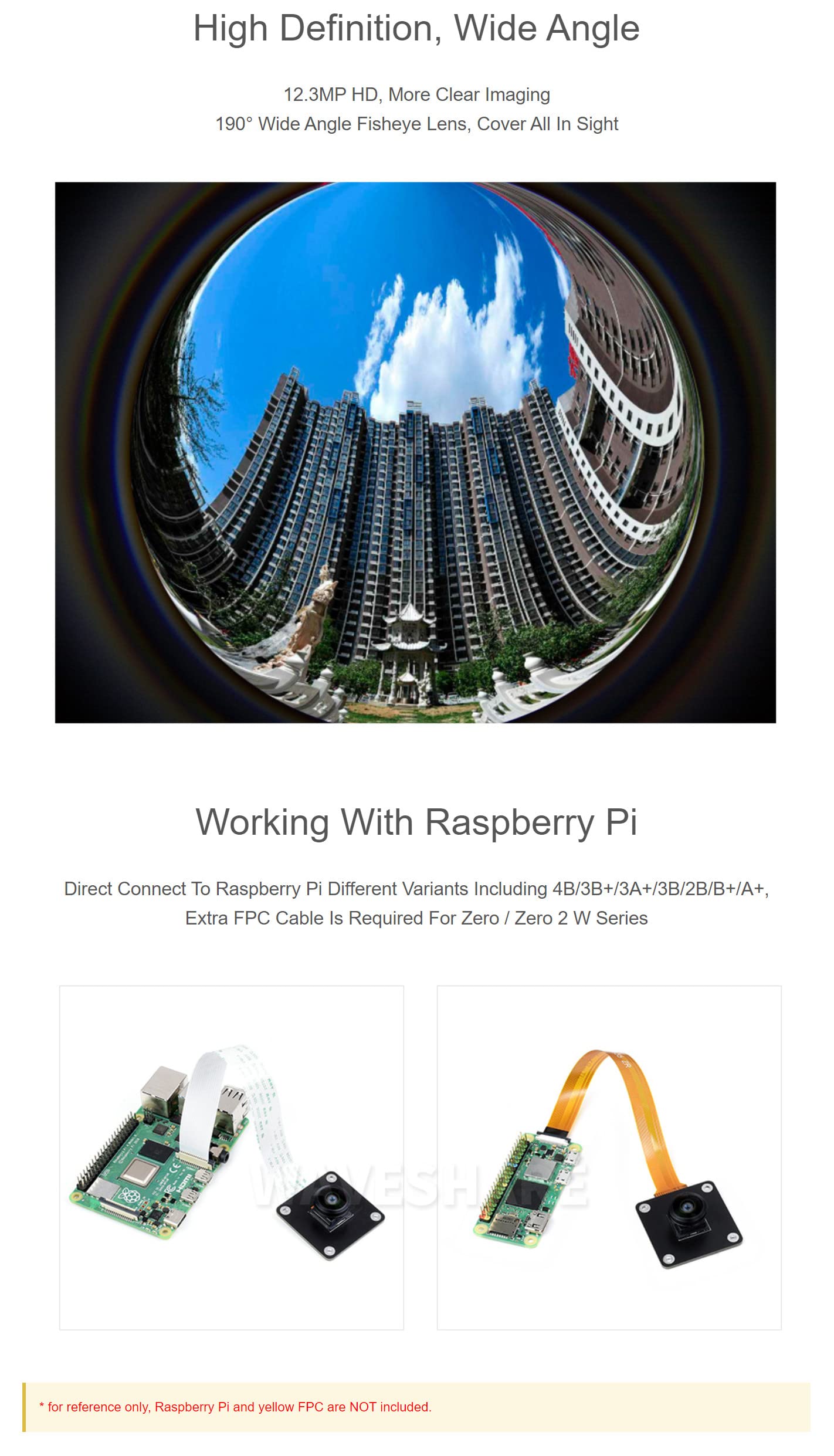Coolwell IMX378-190 Fisheye Lens Camera for Raspberry Pi Series Board, 190° Wide Angle Fisheye Lens, 12.3MP, Wider Field of View