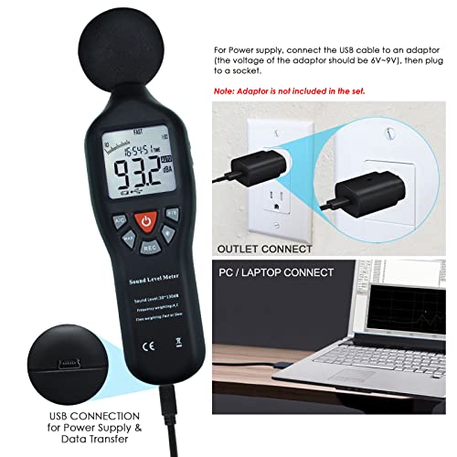 Decibel Meter, Sound Level Meter CD Software Audio Decibel Noise Measure Tester 30 β 130 dB Audio Noise Measuring Range with Backlit LCD Display, Data Record Function