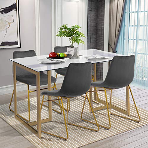 FurnitureR, Velvet Fabric Upholstered Seat Kitchen Room Set of 2, Mid Century Modern Backrest,Gold Metal Legs Dining Chair, Grey