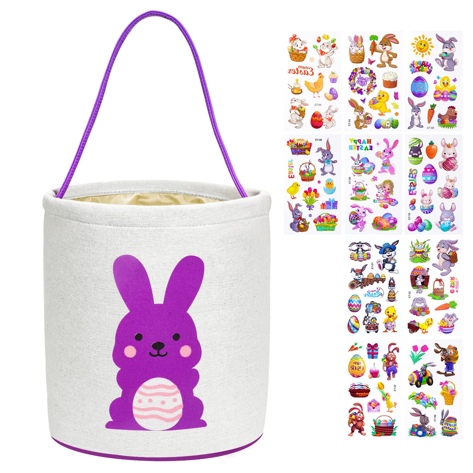 Easter Baskets for Kids, Easter Bunny Canvas Bags with 10Pcs Cute Tattoo Stickers for Easter Egg Toy Hunting, Reusable Candy Gifts Storage Baskets, Easter Decorations Party Supplies