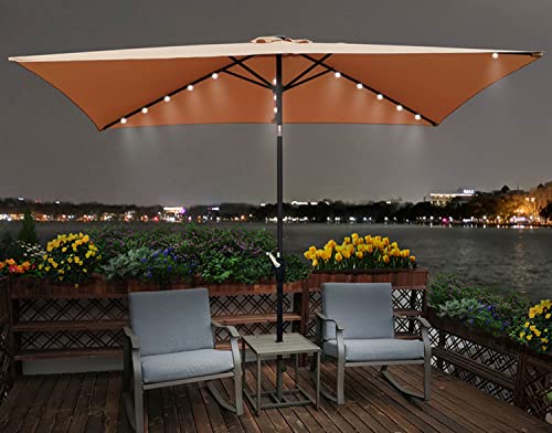 i-POOK 10 x 6.5 FT Rectangular Patio Umbrellas with 26 Solar LED Light, Market Table Waterproof Umbrellas Sunshade with Crank and Push Button Tilt Patio Hanging Umbrella for Garden Deck Pool, Brown