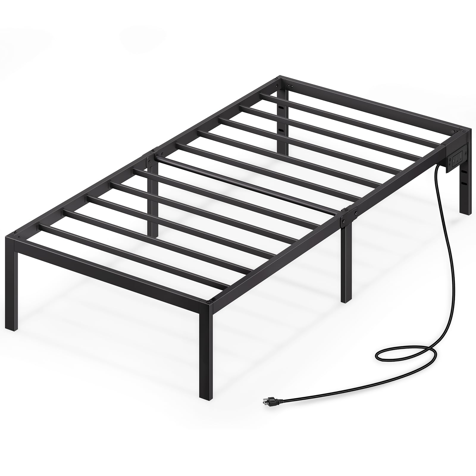 Rolanstar Bed Frame Twin Size with USB Charging Station, 14 Inch Metal Platform Bed Frame, Mattress Foundation with Heavy Duty Steel Slat Support, No Box Spring Needed, Easy Assembly, Black