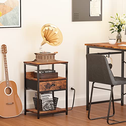 Furologee Nightstand Set of 2 with Charging Station, End Table with USB Ports&Power Outlets, 3-Tier Storage Shelf Tall Bedside Table, Industrial Side Table with Fabric Drawer for Bedroom/Living Room