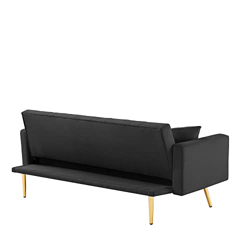 Modern Velvet Convertible Sleeper Sofa Bed with 2 Pillows, Futon Sofa Couch Loveseat with Multiple Adjustable Positions and Gold Metal Legs for Living Room Bedroom Office Apartment (Black)