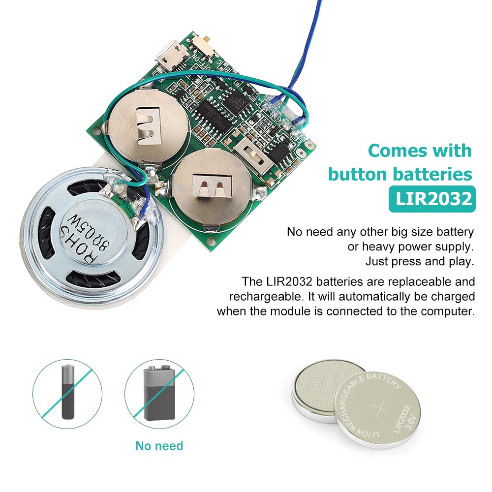 Recordable Sound Module, Icstation 8M USB Programmable Sound Chip with Speaker, Push Button Activated Charging Sound Board for DIY Music Card Birthday Valentine's Day Greeting Card