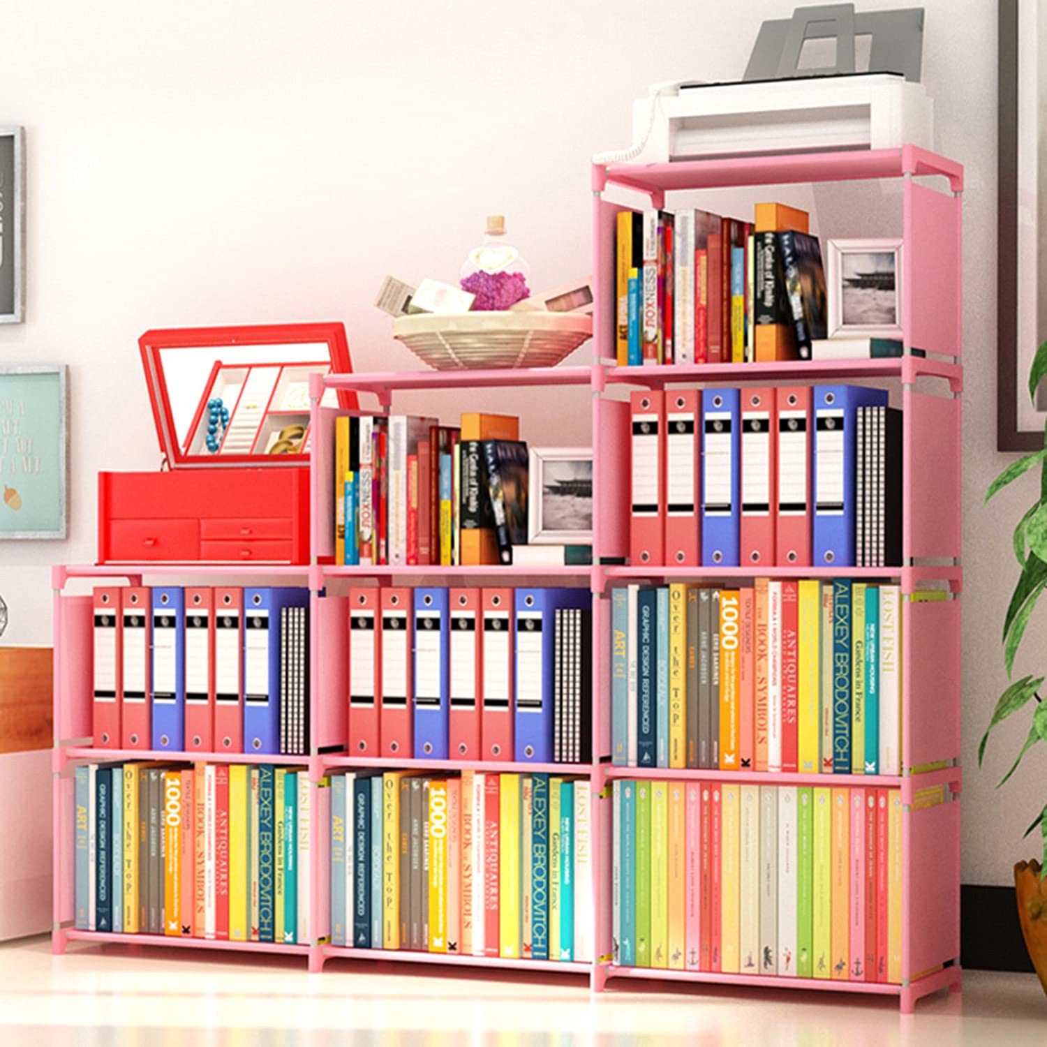 OPPSDECOR 9-Cubes Bookshelf, 4 Tier Shelf Adjustable DIY Bookcases for Kid, Book Shelf Organizing Storage Shelving Cabinet for Bedroom Living Room Office (Pink)