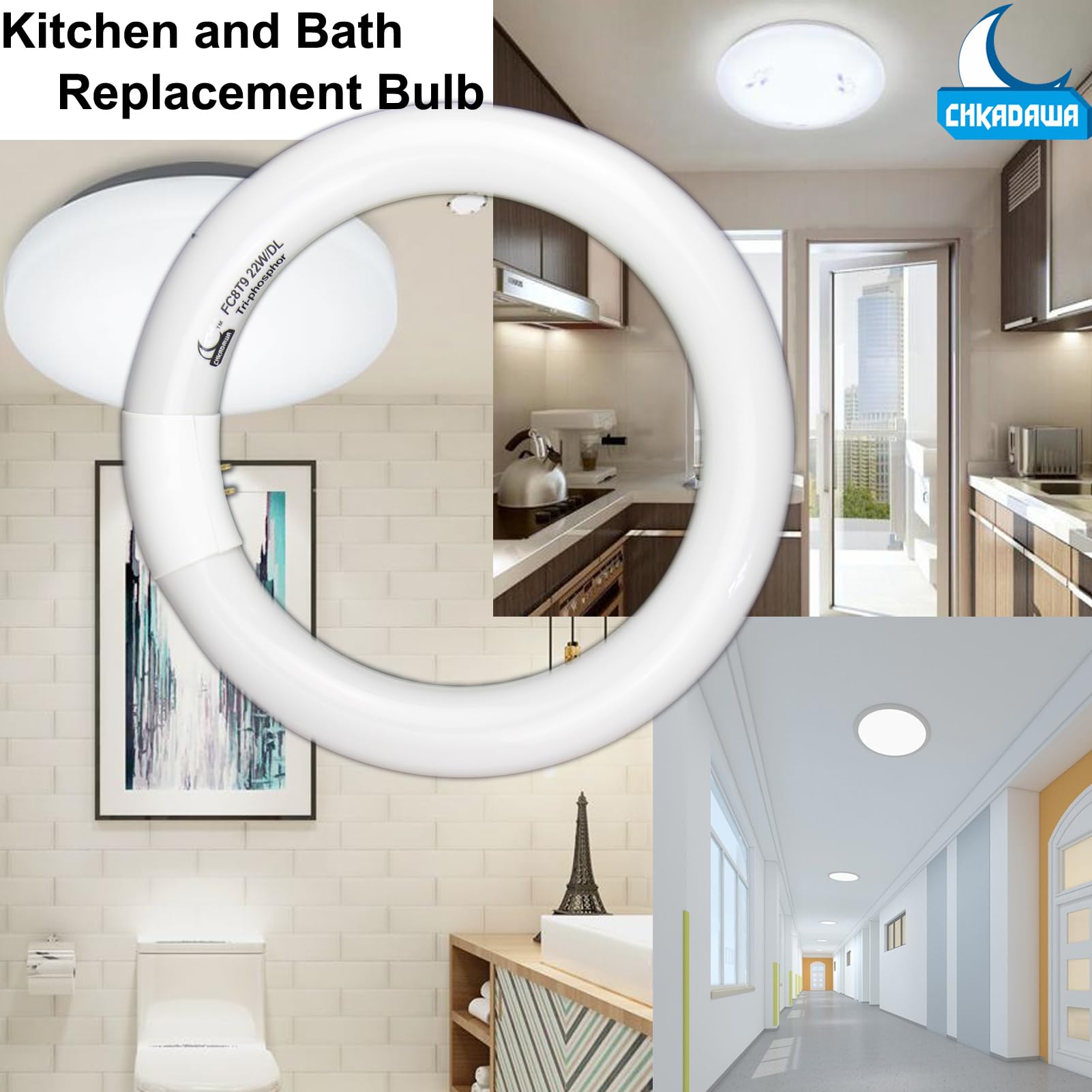 FC8T9 22W and FC12T9 32W Daylight Set , Round Fluorescent Bulb 8 inch T9 22 Watts & Circular Light Bulbs 12 inch 32 Watts kit, Circline Kitchen and Bath Fluorescent Lamp, CRI 80, DL 6500K, G10q Prong