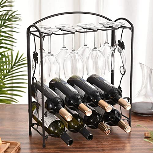 Countertop Wine Rack - Hold 8 Wine Bottles and 8 Glasses Multifunctional dis Assembly Small Wine Rack - 2 Tier Tabletop Wine Holder Stand for Cabinet, Pantry, Wine Bottle Storage(Black)