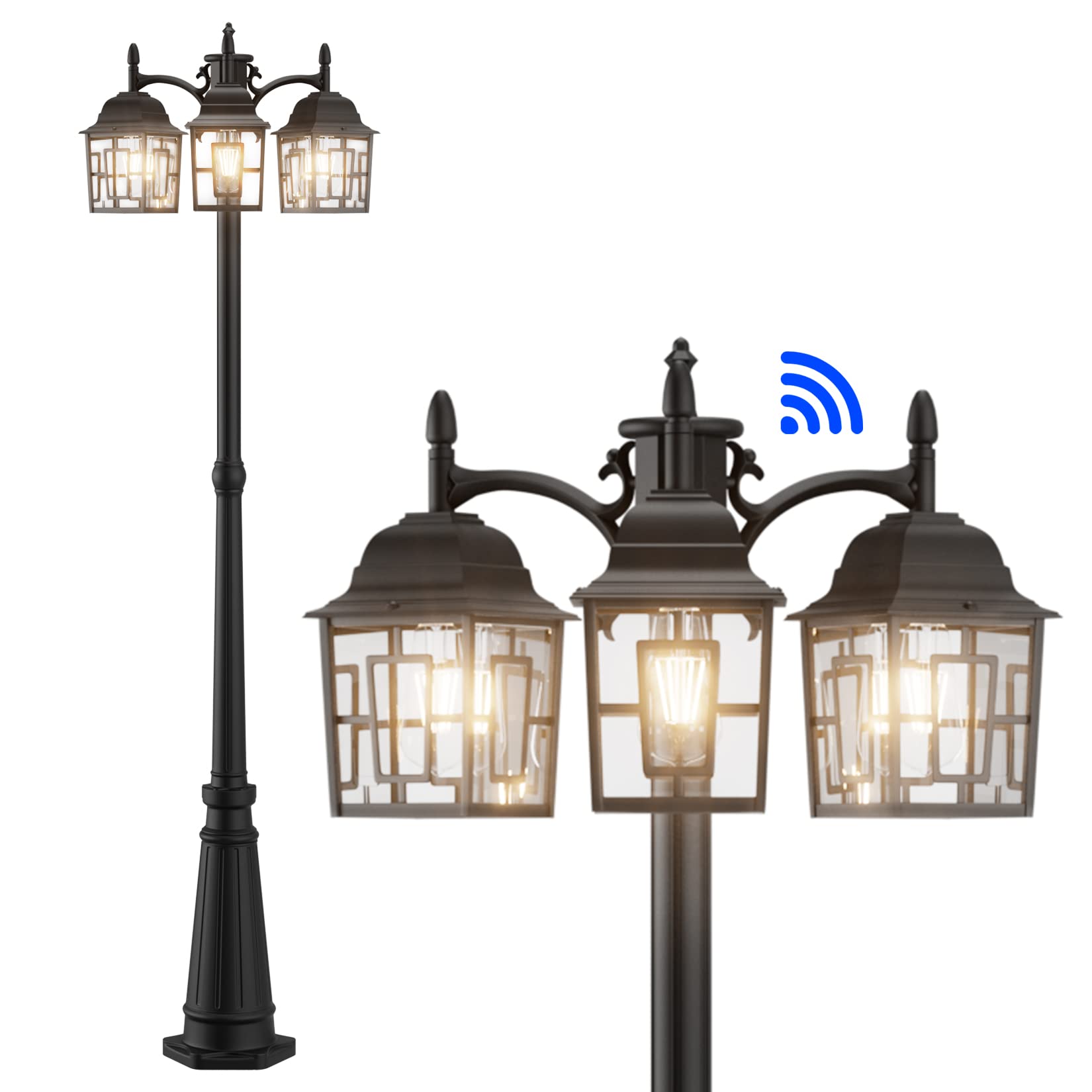 Ralbay Dusk to Dawn Sensor Outdoor Post Light, 3 Light lamp Post Street Light, Matte Black Outdoor Post Lighting Waterproof Pole Lights, 76.77" Outside Lamp Post Light for Backyard Garden