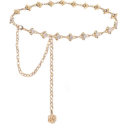 Glamorstar Chain Belt for Women Rhinestone Crystal Waist Belts for Dress Gift Gold 120CM/47.2IN