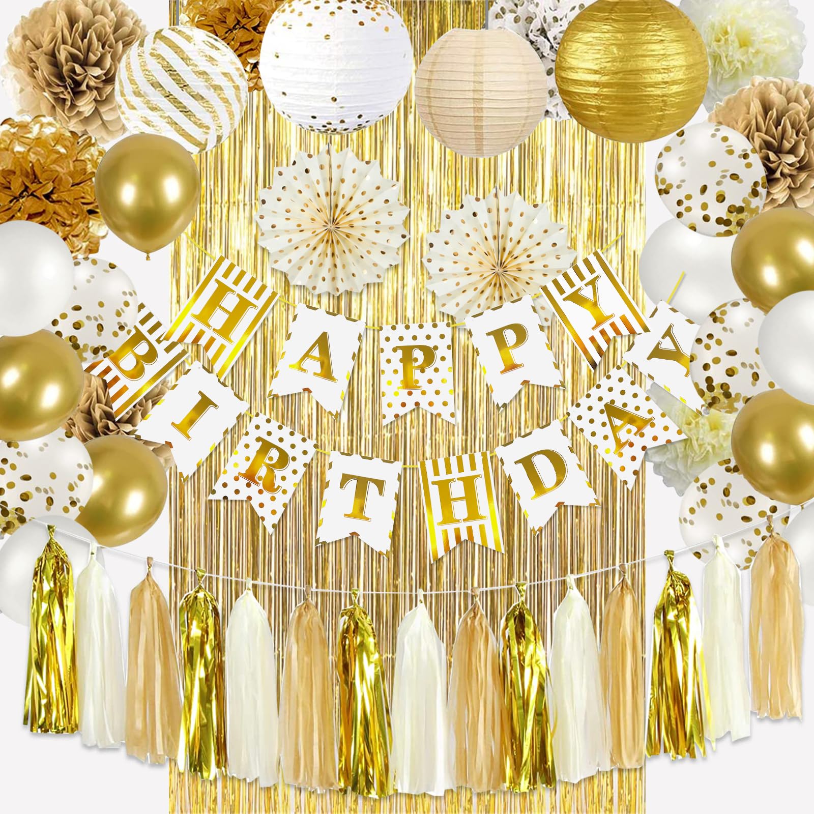 Gold Birthday Decorations Happy Birthday Party Decorations Set with Gold Birthday Banner, Gold White Yellow Balloons Paper Pom Poms, Gold Tassel Garland for Women Grils Kids Birthday Party Supplies
