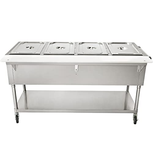 VEVOR Commercial Electric Food Warmer, 4-Pot Steam Table Food Warmer 0-100℃ w/ 2 Lockable Wheels, Professional Stainless Steel Material for Catering and Restaurants