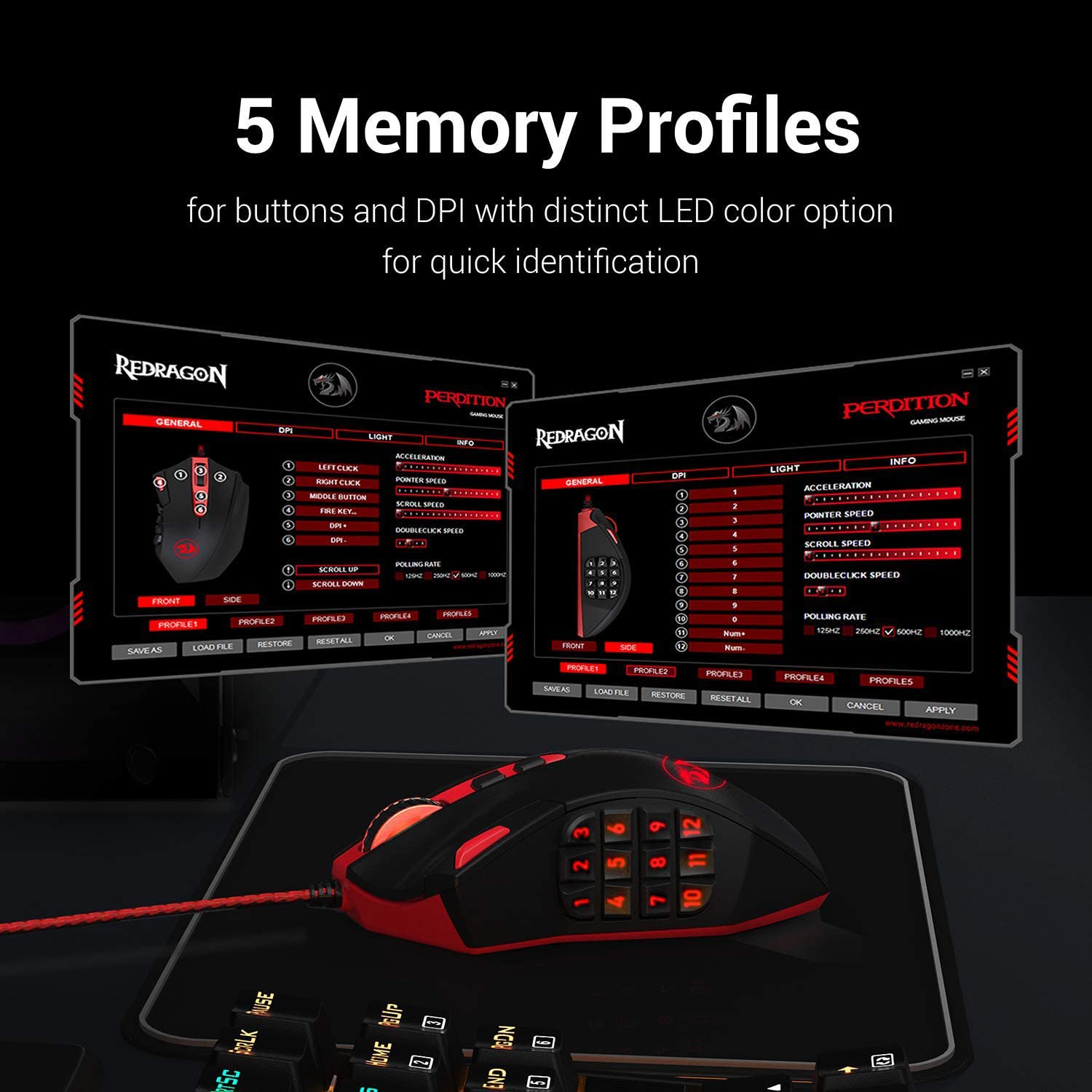 Redragon M901-1 Perdition MMO Gaming Mouse, LED RGB Backlight, 24000 DPI, 18 Programmable Buttons, Ergonomic Design, Wired USB Connection, Black