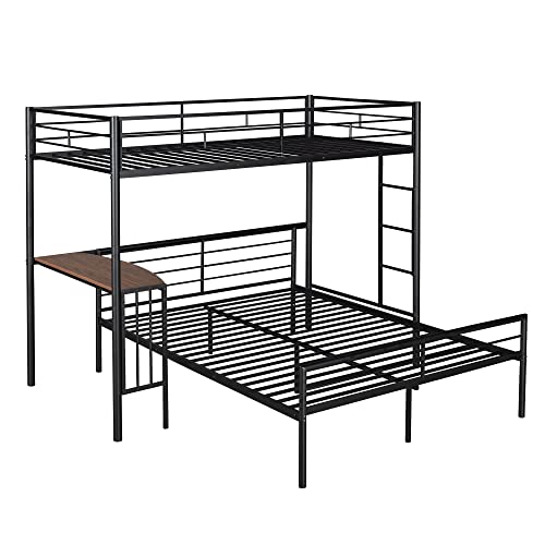 MOEO Twin Over Full Metal Bed with Desk and Ladder for Kids, Adults, Bedroom, Steel Bunk Bedframe w/Slats, No Box Spring Needed, White, Black