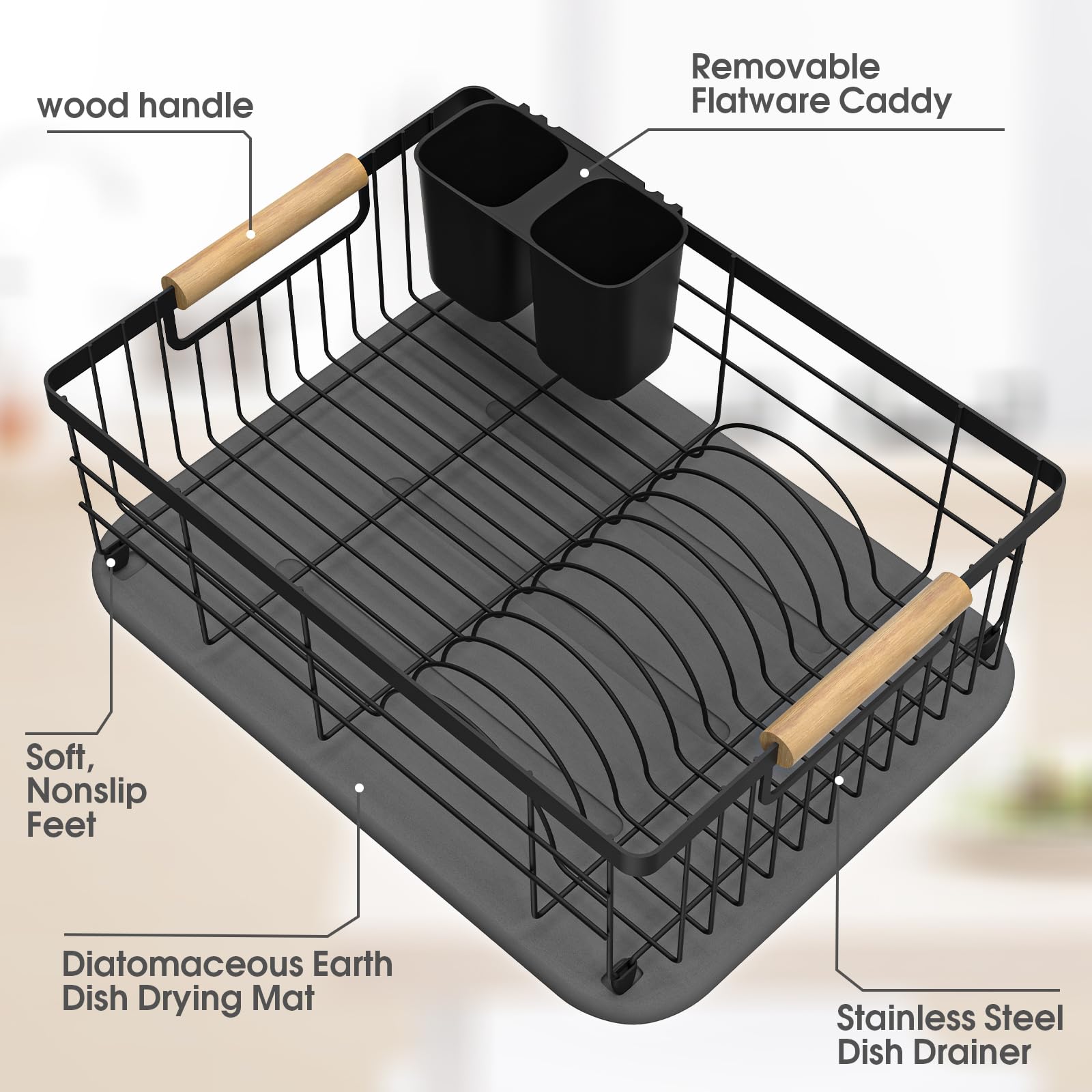 Dish Drying Rack with Diatomaceous Earth Dish Drying Mat for Kitchen Counter,15.7x11.8 inch Absorbent Non-Slip Diatomite Dish Drying Mat with Cutlery Holder(Grey)