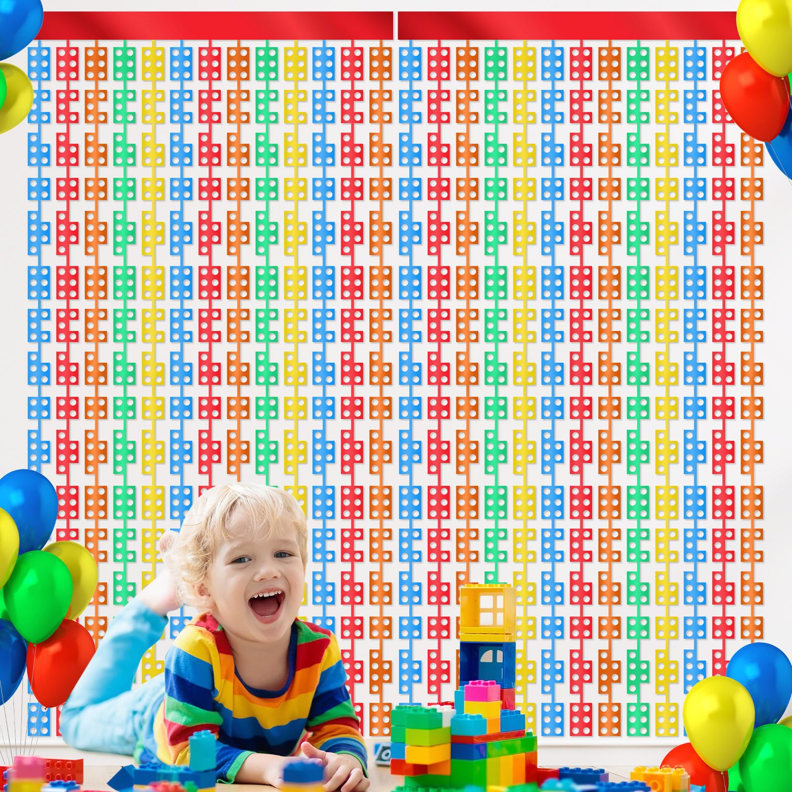 Fanfanwin 2 Pack 3.3x6.6ft Building Block Foil Fringe Backdrop Curtains Metallic Colorful Birthday Party Decoration Supplies for Building Block Bday Party Graduation Hanging Door Tinsel Streamer