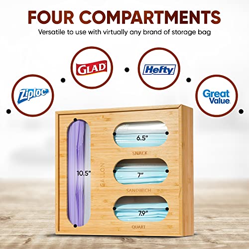 HidzBasics Ziplock Bag Organizer โ Bamboo Ziplock Bag Storage Organizer for Gallon, Quart, Sandwich, and Snack Size Food Bags โ Baggie Organizer for Kitchen Drawer and Pantry โ Wooden Slider Lid