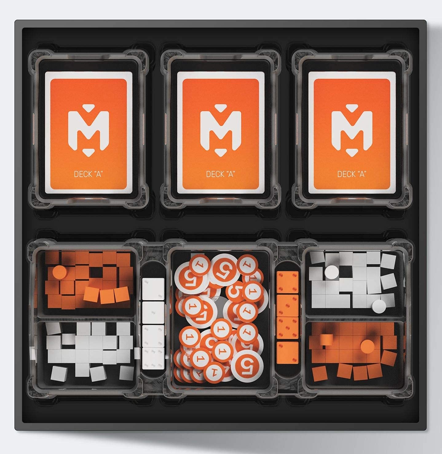 UniqTraySystem 5-Pack Token Two-Cell Box for Board Game Pieces, Meeples, Dice, Tokens (5 modular trays with a transparent removable lid)