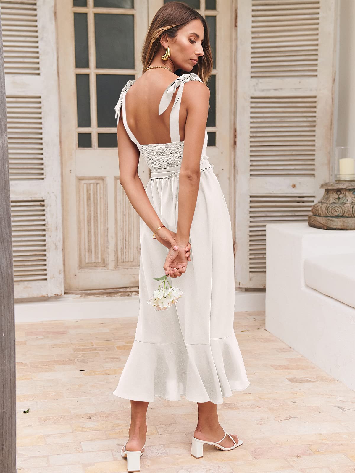 Caracilia Women's Square Neck Ruffle Split Midi Elegant Formal Wedding Guest Cocktail Bridesmaid Graduation Party Dresses White Small