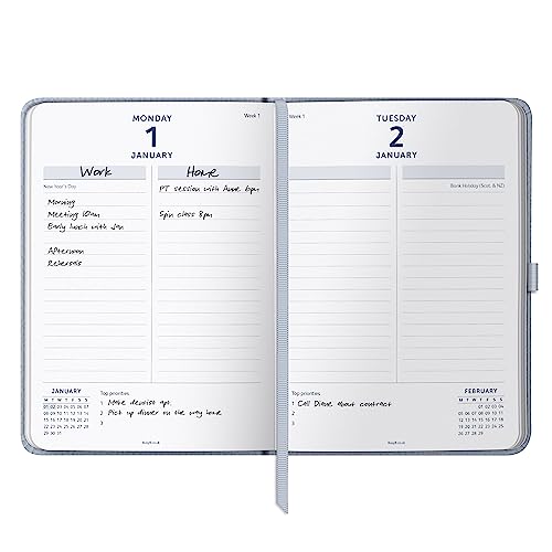 Busy B Dual Schedule Day A Page Diary January to December 2024 - A5 Cloud Blue - Faux Leather Daily Planner with Space for Two Schedules, Lined Pages, Notes and Year Planner