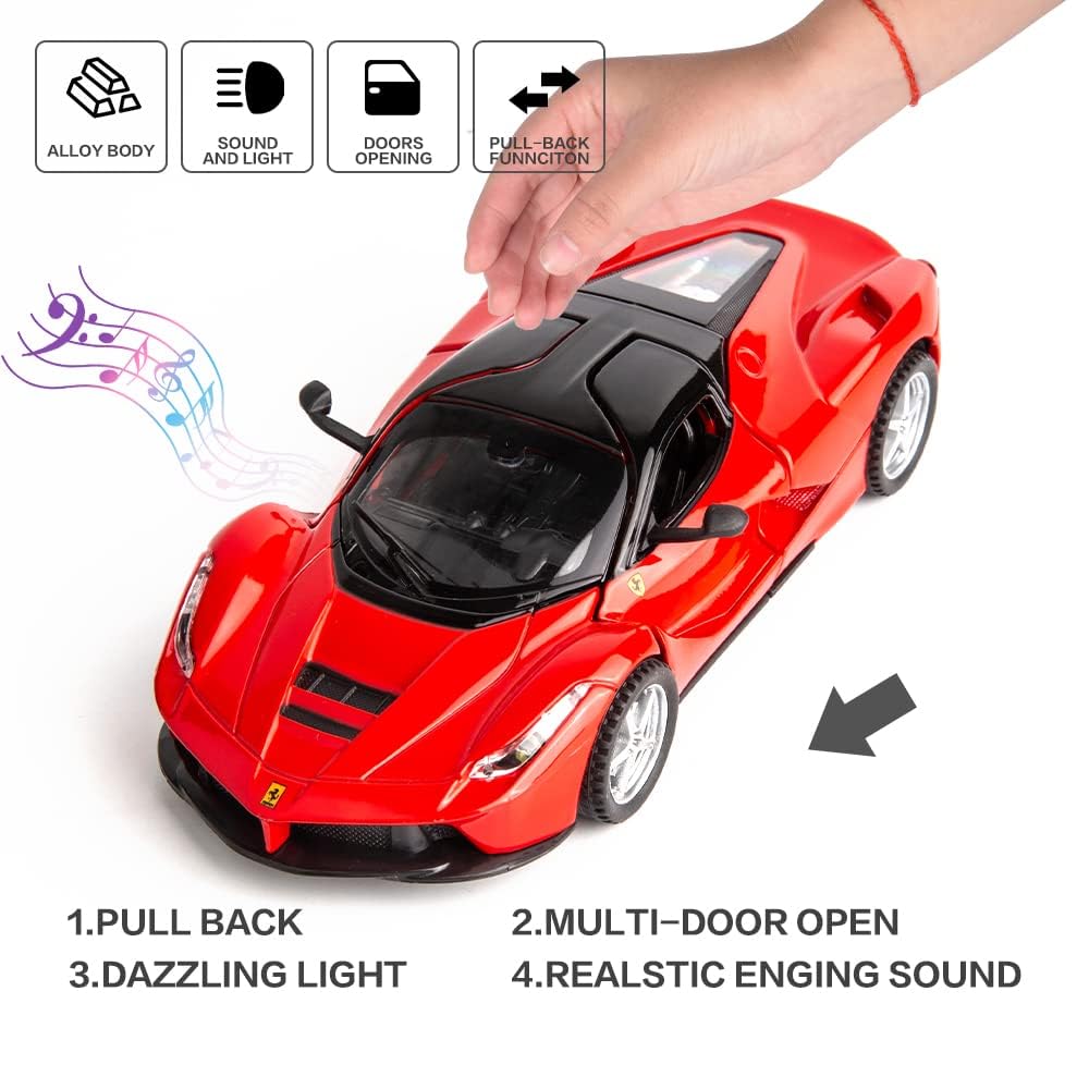 WAKAKAC 1/32 Ferrari Race Model Car and LaFerrari Toy Car, Pull Back Vehicle Alloy Diecast Model, Openable Doors, Collectible Gift Cars for Kids Ages 3-8 (Red)