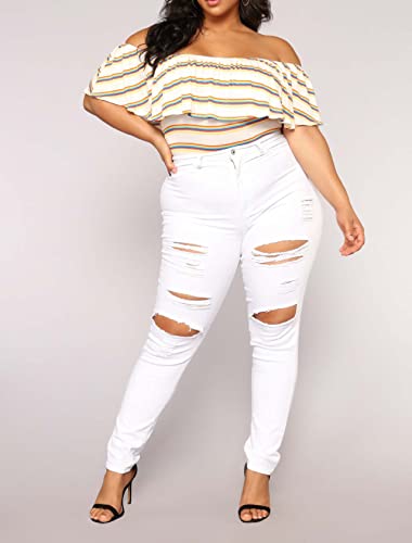 LONGBIDA Skinny Ripped Jeans for Women High Waisted Stretch Butt Lifting Jeans Slim Fit Distressed Denim Pants Pull On Jeggings Jeans(White,XXL)