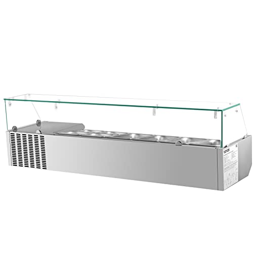 VEVOR Refrigerated Condiment Prep Station, 60-Inch, 16.8Qt Sandwich Prep Table w/ 4 1/3 Pans & 4 1/6 Pans, 146W Salad Bar w/ 304 Stainless Body Tempered Glass Shield Digital Temp Display Auto Defrost