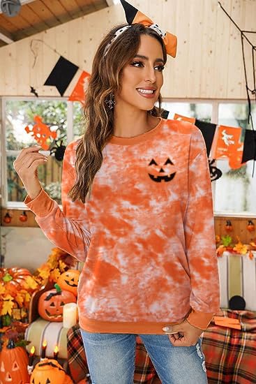 KORADIOR Halloween Sweatshirt Women Pumpkin Face Pullover Pumpkin Lantern Shirt Tee Casual Long Sleeve Top Orange