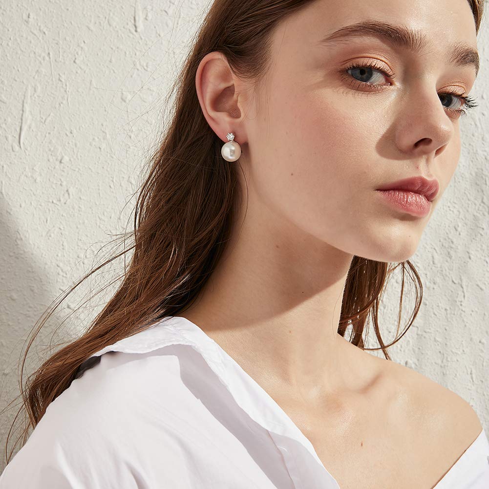 Pearl Stud Earrings Pearl Diamond Earrings for Women Pearl Stud Sterling Silver Pearl Earrings Dangle Silver Pearl Earrings for Women Han han Pearl Earrings Large Pearl Stud with Diamond 13MM