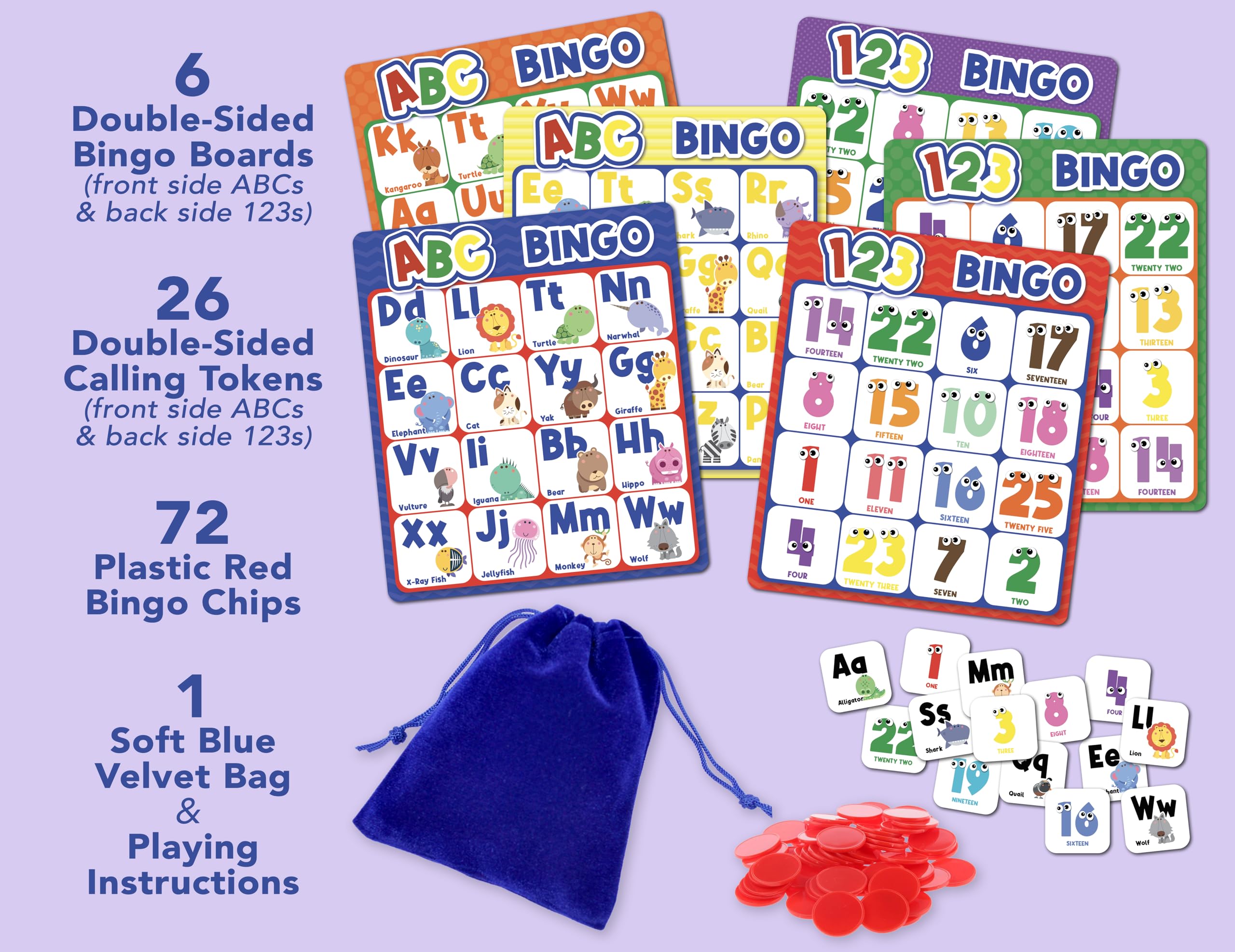 Party Hearty Alphabet and Number, ABC and 123 Bingo Board Game for Kindergarten and Preschool Kids Learn to Read Fun 2 Versions for Ages 4 and Up (Animal Edition)