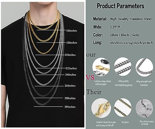 Jstyle 3.5mm Cuban Link Chain Necklace for Mens Boys Women Black Silver Gold Tone Chains for Men 3 Pcs 20 inch Chain