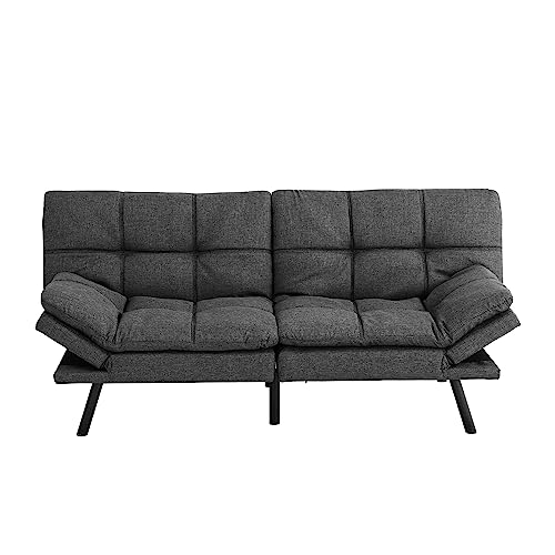 Fangflower Futon Sofa Bed, Fabric Memory Foam Couch, Foldable Convertible Sleeper Loveseat, Daybed for Living Room, Dark Grey