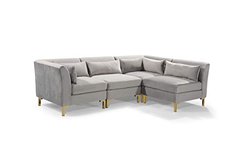 Iconic Home FSA9258-AN Girardi Modular Chaise Sectional Sofa Velvet Upholstered Solid Gold Tone Metal Y-Leg with 6 Throw Pillows Modern Contemporary, Grey