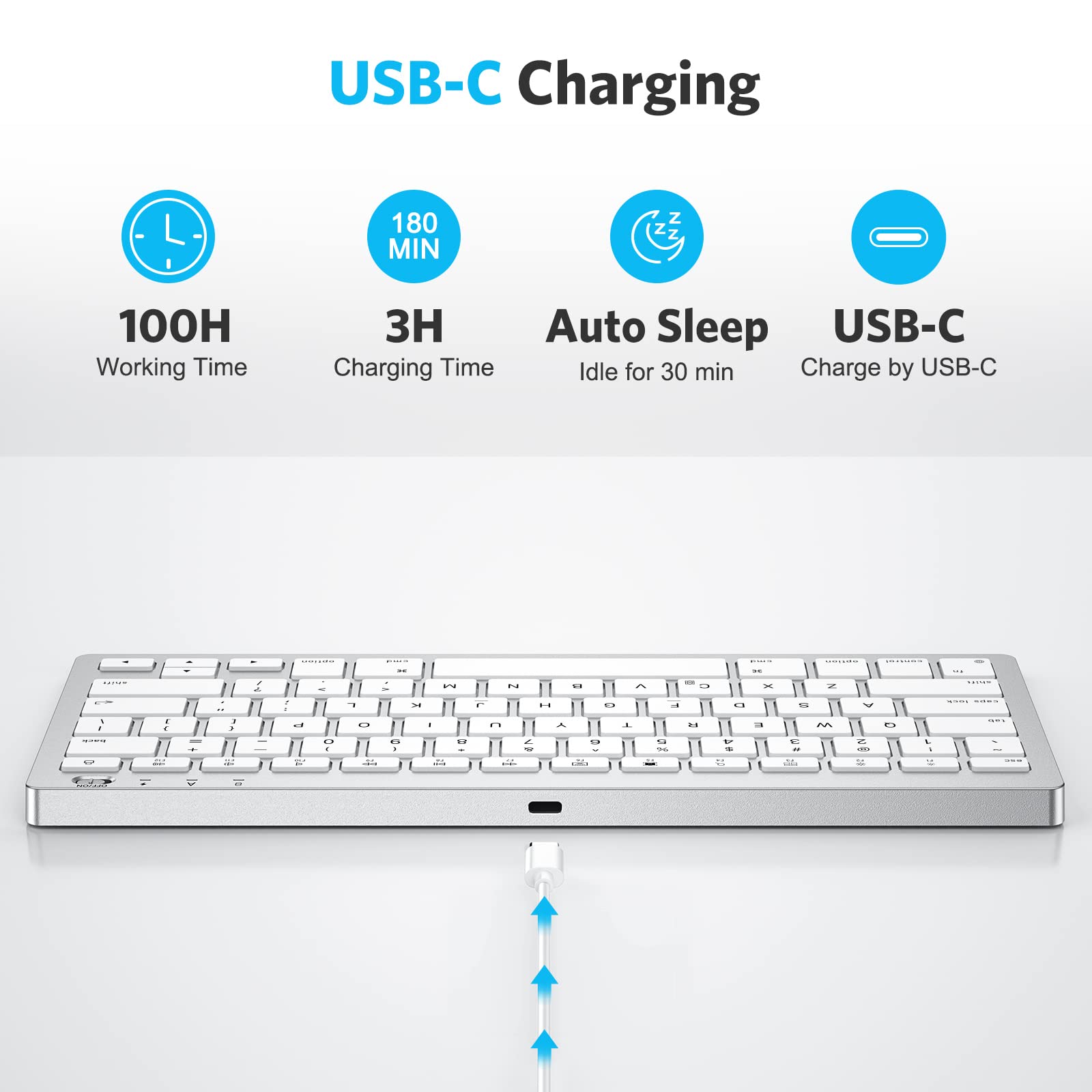 Emetok for iPad Keyboard [Aluminum Base, Big Keycap, Rechargeable], Portable Bluetooth 5.1 Keyboard for iPad 10th/9th/8th, iPad Pro 11/12.9, iPad Air/Mini/iPhone, Silver