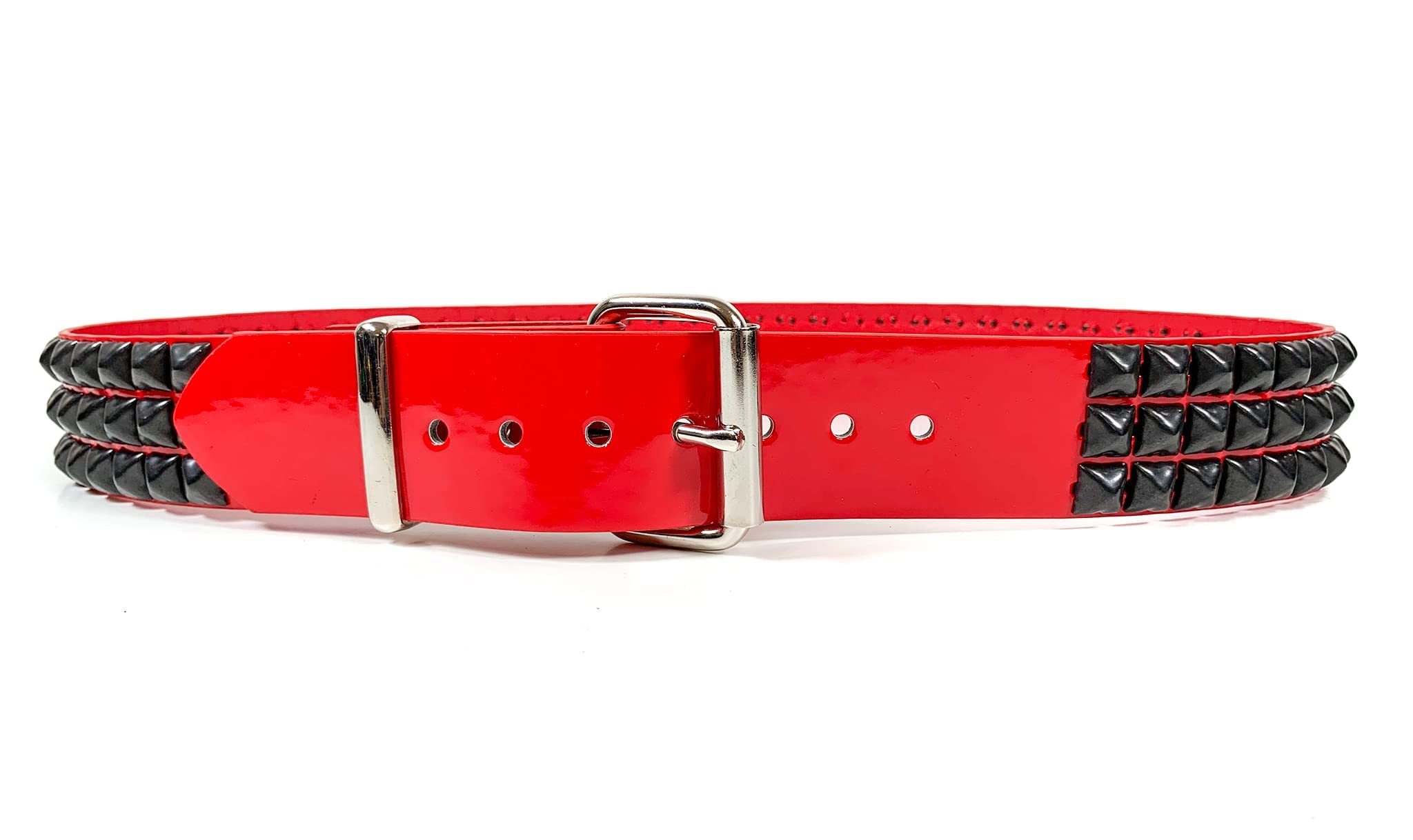 Patent Red Three Row Black Pyramid Stud Belt Vegan Leather Punk Goth Alternative USA Made (XL)