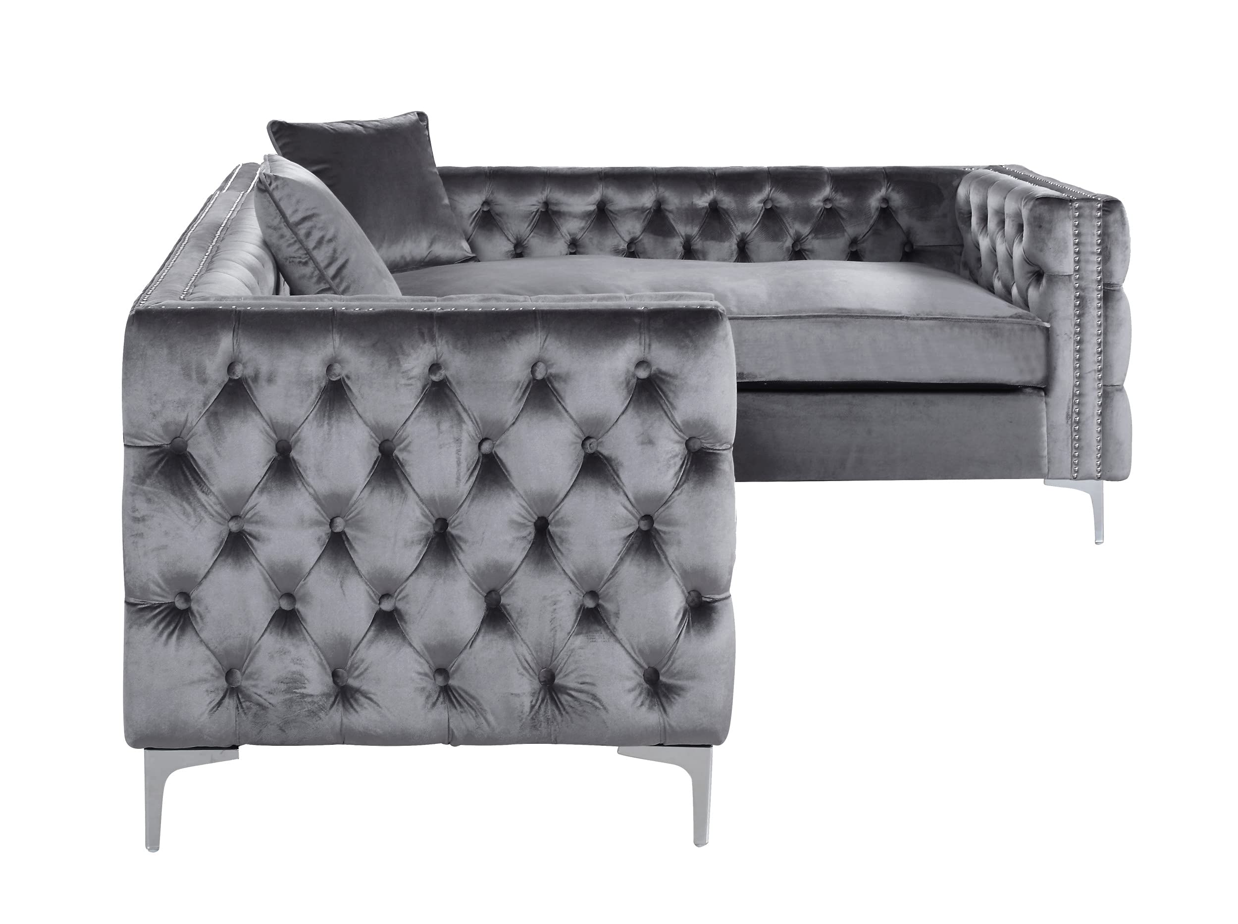 Iconic Home Mozart Elegant Velvet Modern Deeply Tufted with Silver Nailhead Trim Chrome Legs Right Facing Sectional Sofa, Grey